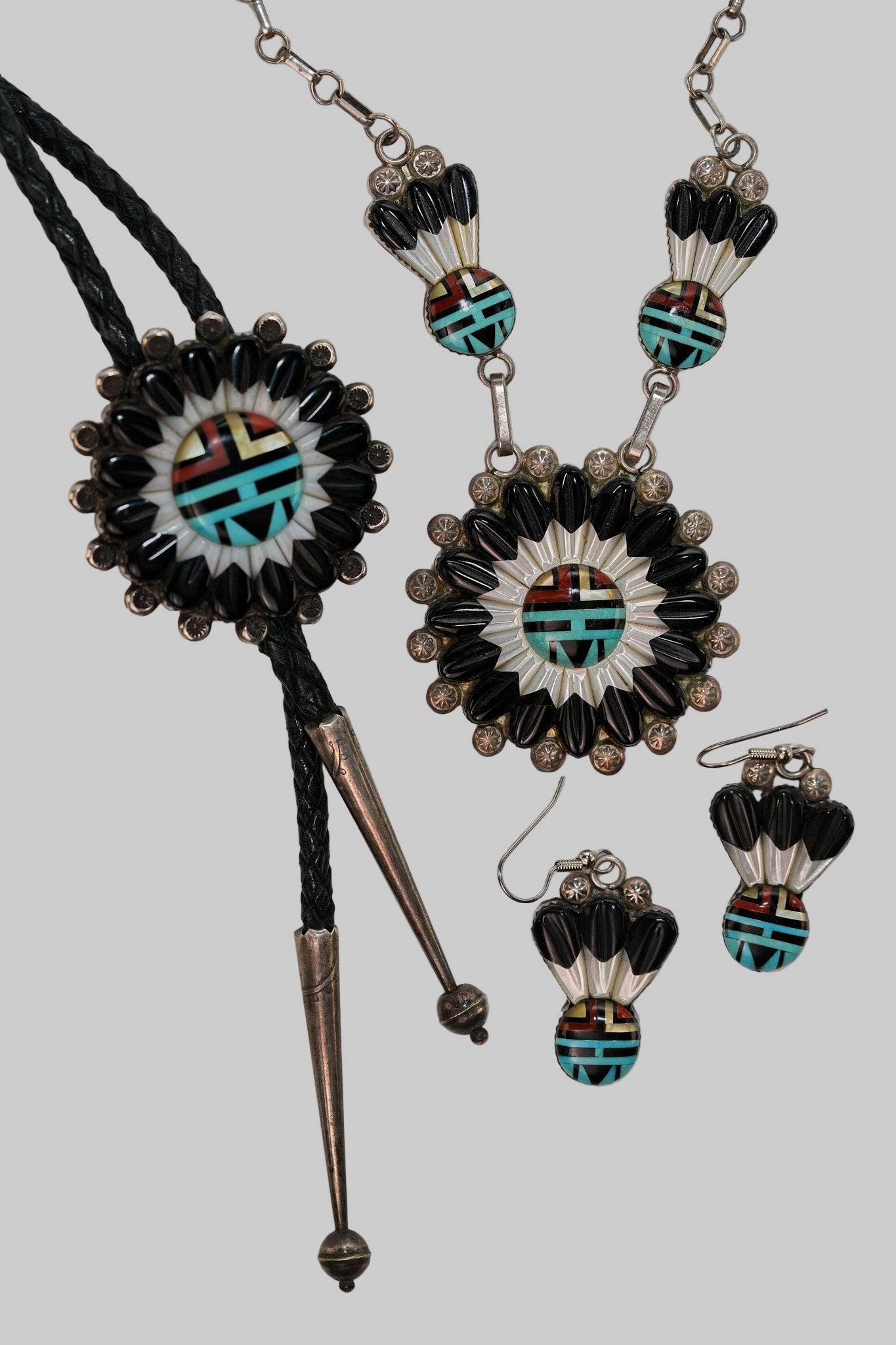Sunface set Andrew Dewa Bolo, necklace, earrings.Zuni sold as set ...