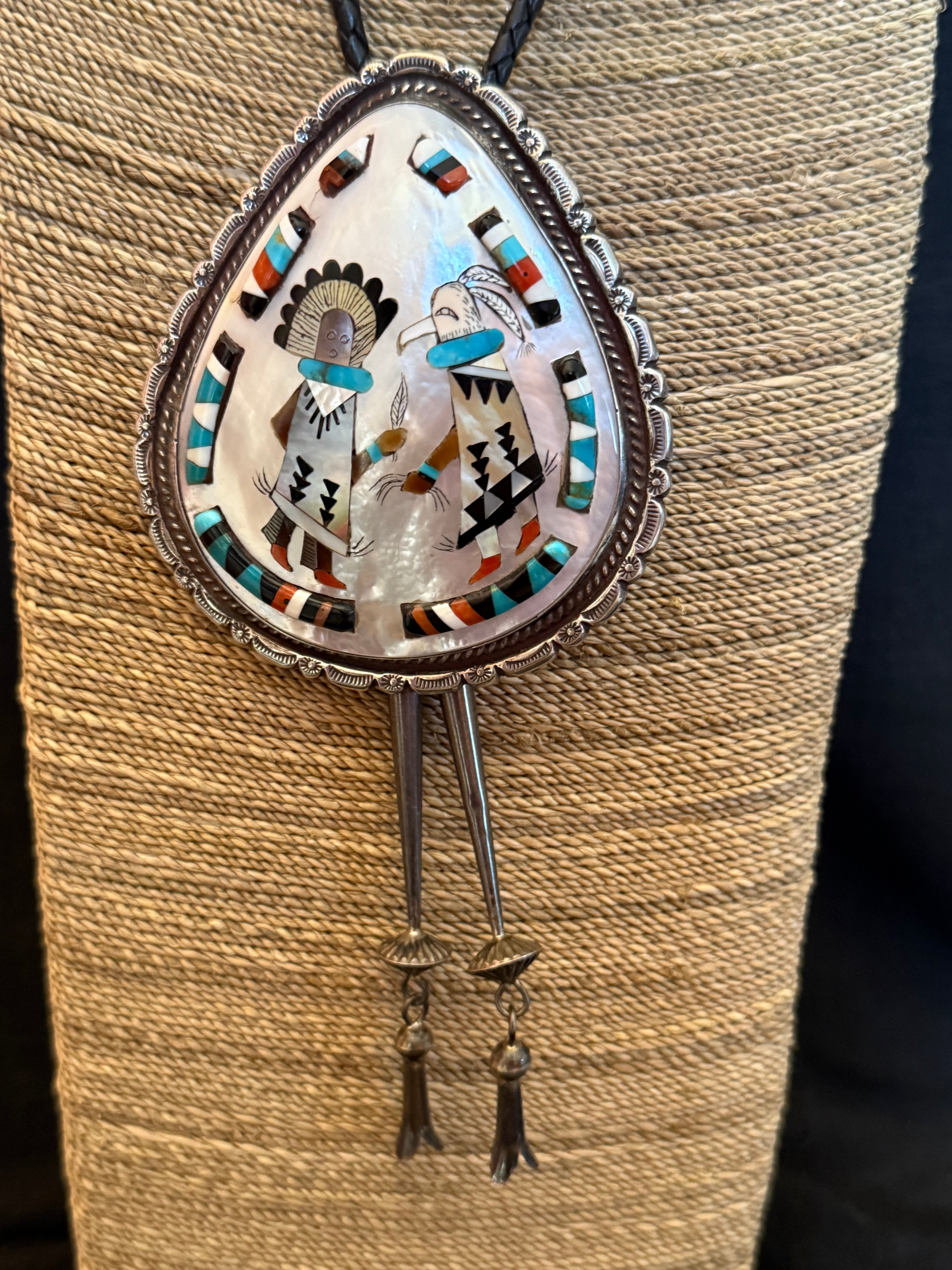 Unusual inlay shell bolo one of a kind, unmarked, sterling silver ...